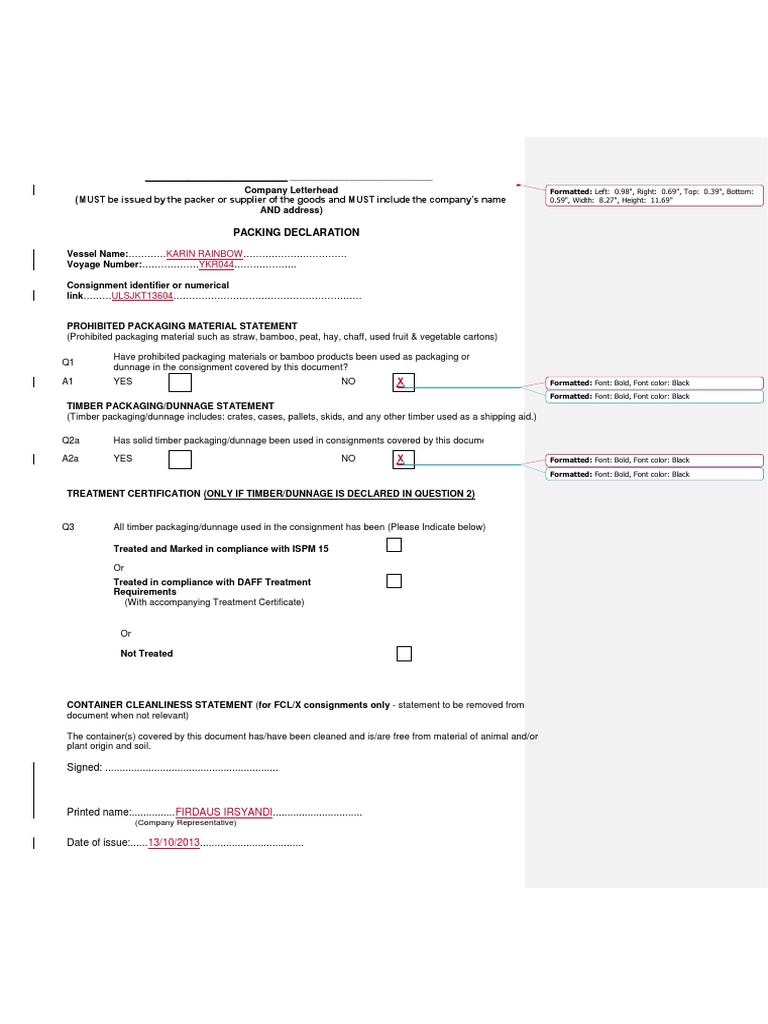 Packing Declaration Template | PDF | Packaging And Labeling | Consumer ...