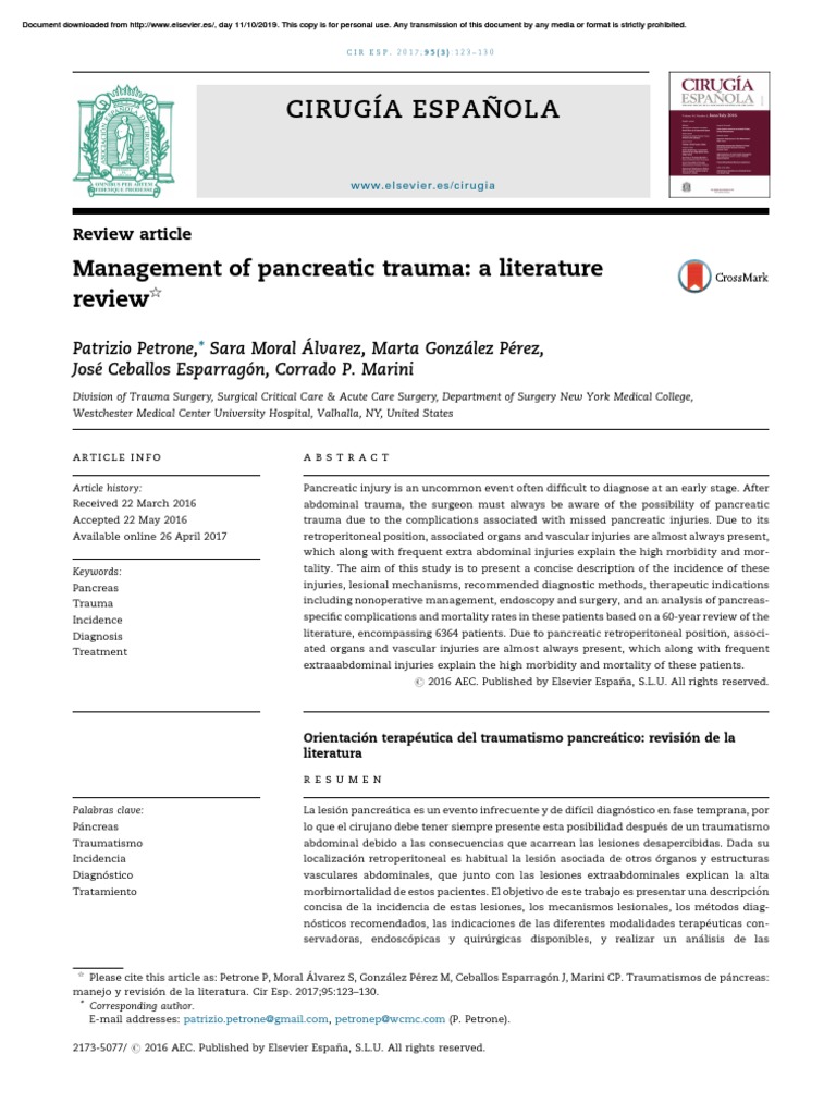 Cirugi A Espan Ola: Management of Pancreatic Trauma: A Literature ...