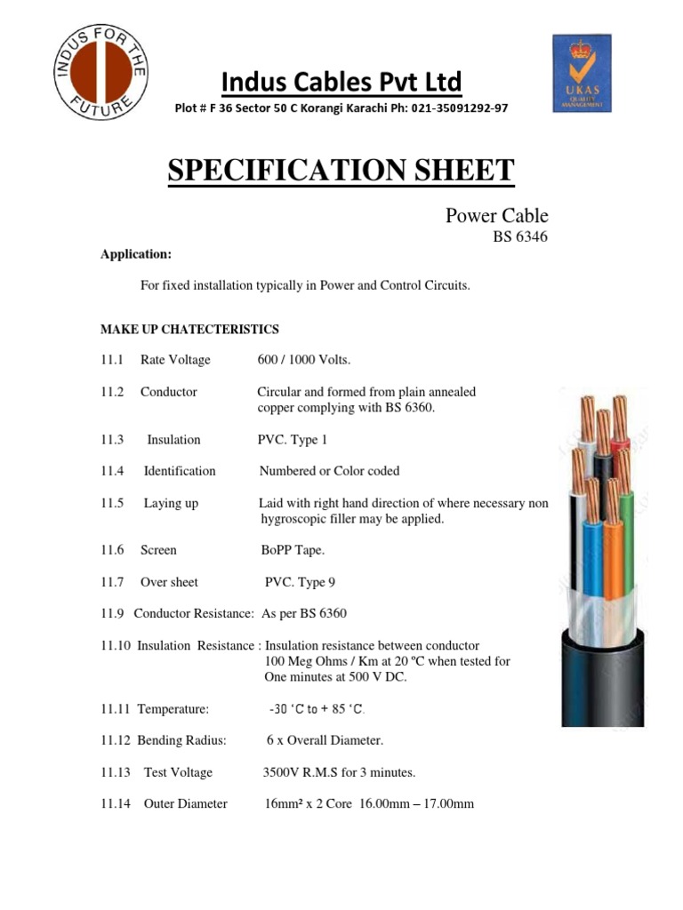 Specification Sheet: Indus Cables PVT LTD | PDF