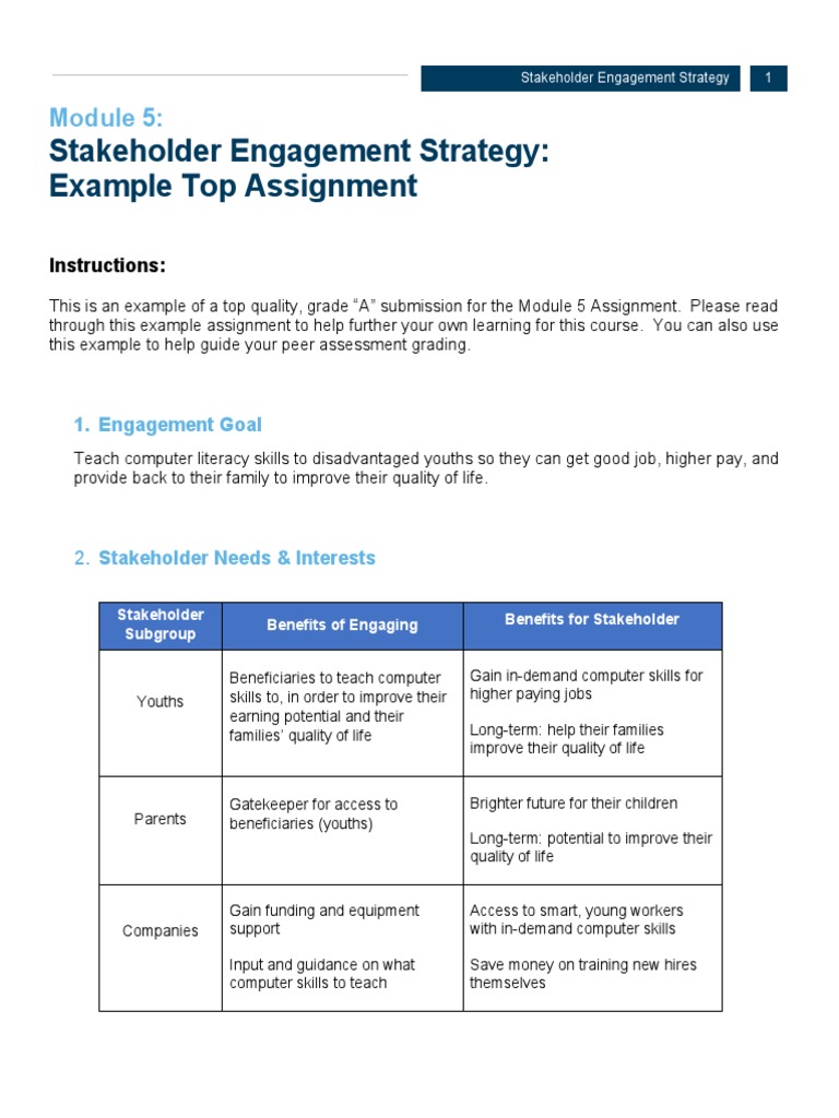 Stakeholder Engagement Strategy: Example Top Assignment: Instructions ...