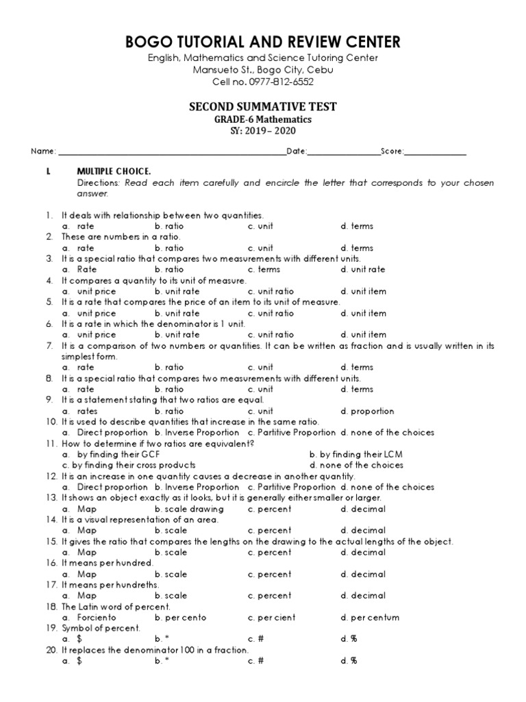 Bogo Tutorial and Review Center: Second Summative Test | PDF | Ratio ...