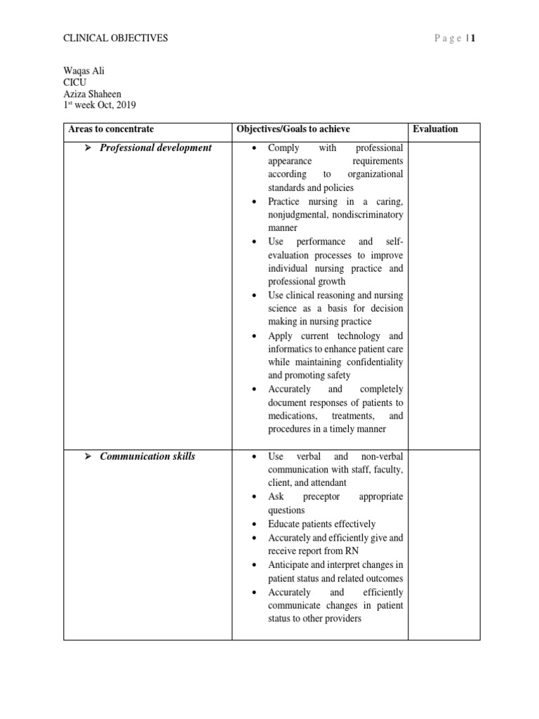 Clinical Objectives For CICU 1st Week Oct | PDF | Health Care | Medical ...