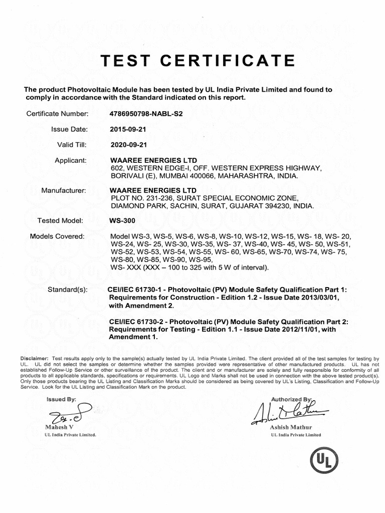 Test Certificate IEC 61215, 61730-1&2 | PDF