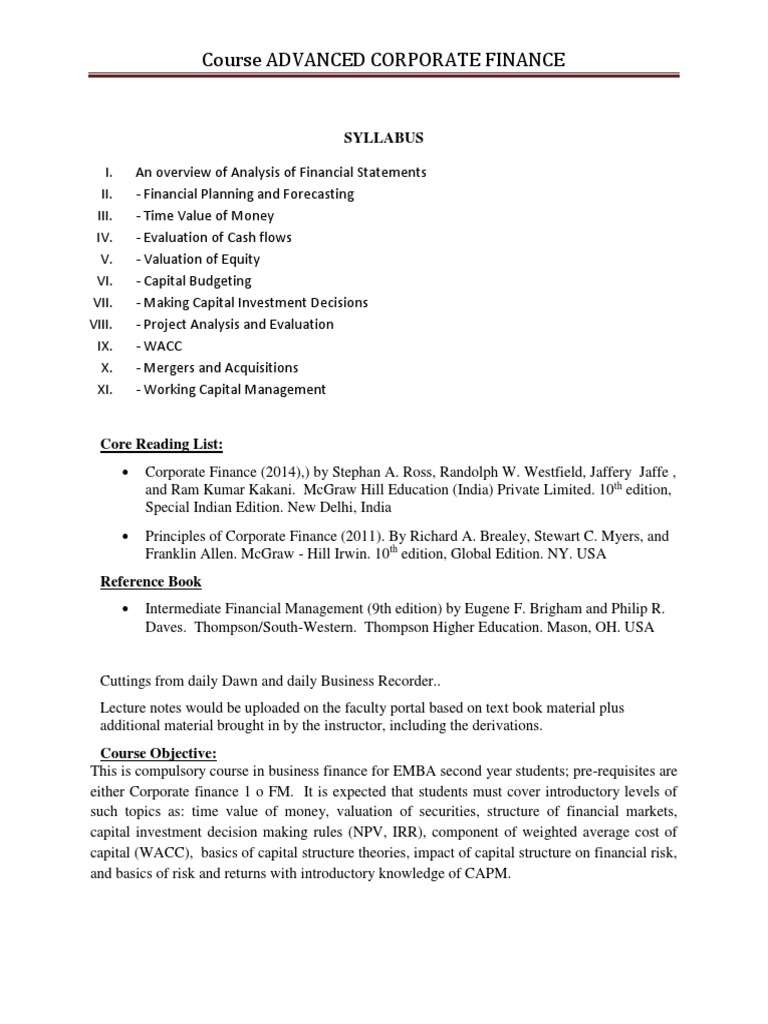 Course Outline Advanced Corporate Finance 2019 | Valuation (Finance ...