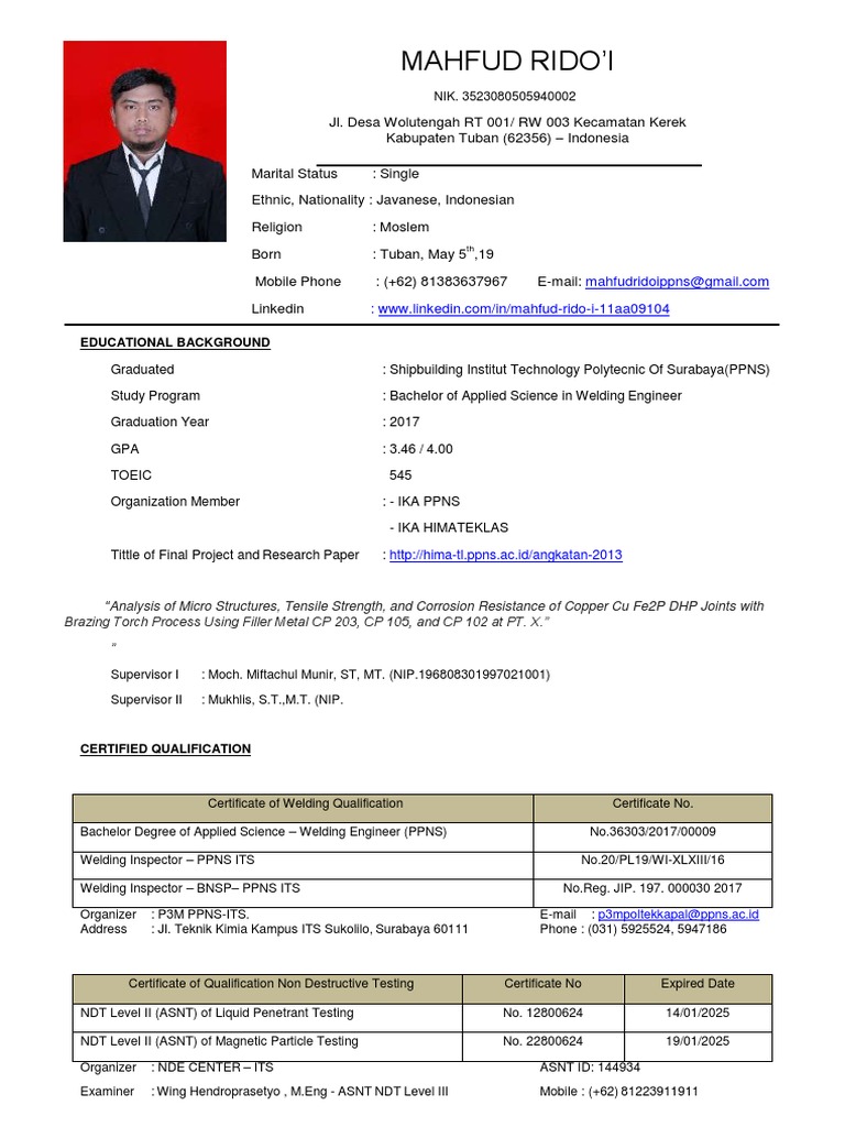 CV Mahfud Ridoi - Welding Inspector - NDT Level II PT MT | PDF ...