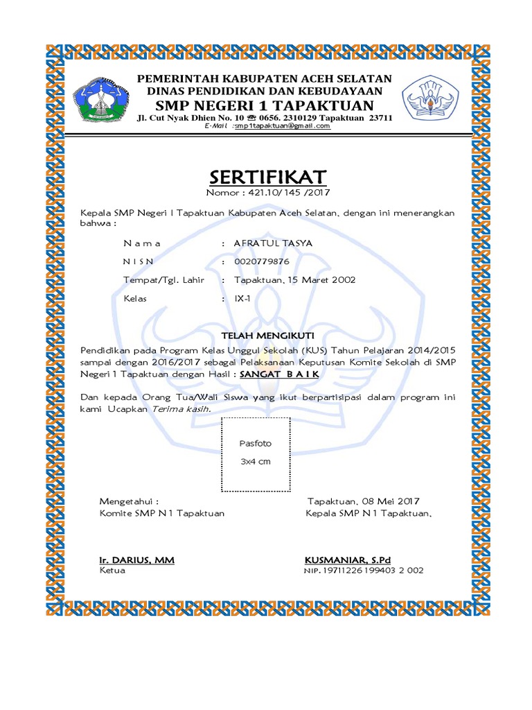 Sertifikat Pendidikan SMP Negeri 1 | PDF