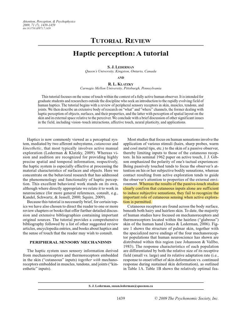 Haptics Research Paper | PDF | Somatosensory System | Perception