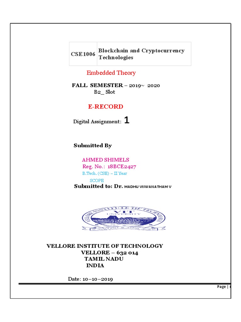 Embedded Theory: CSE1006 Blockchain and Cryptocurrency Technologies | PDF