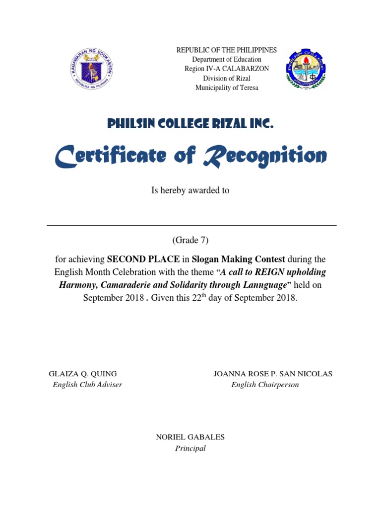 Certificate of Recognition: Philsin College Rizal Inc | PDF