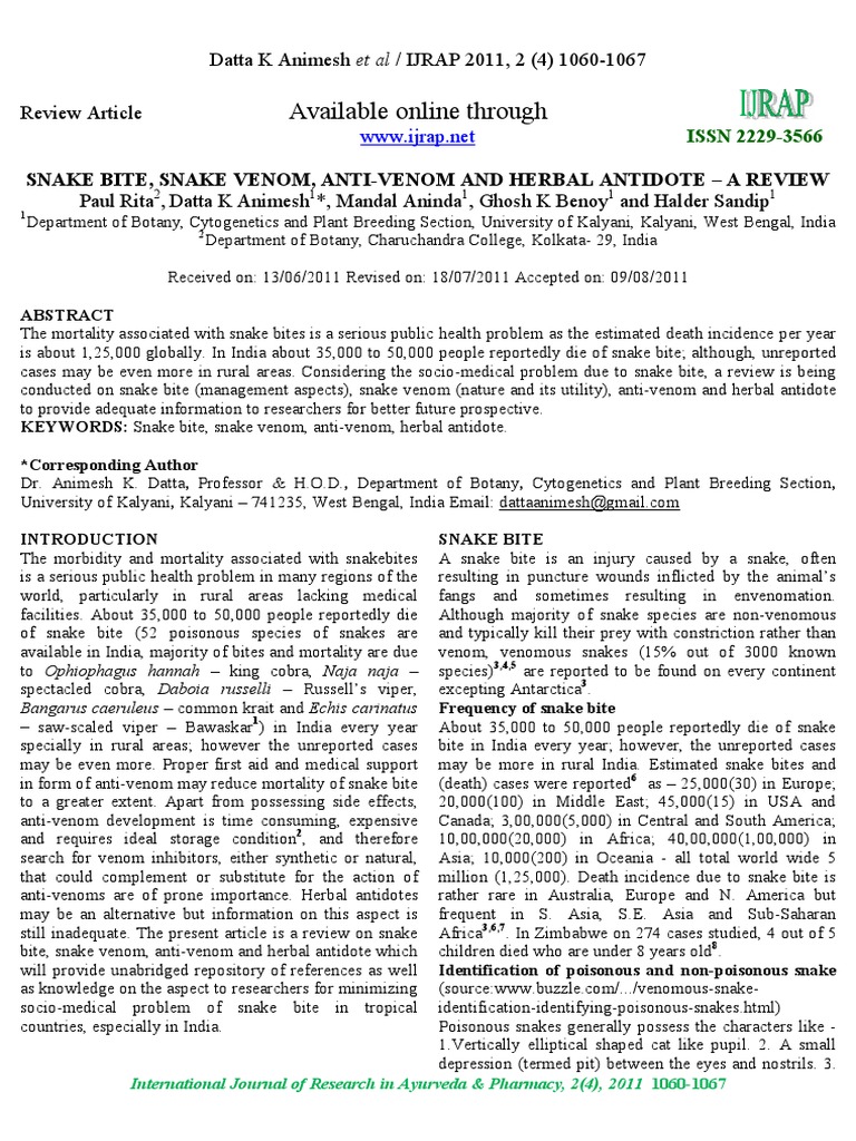 Snake Bite Snake Venom Anti-Venom and Herbal Antid | PDF | Squamata | Snake