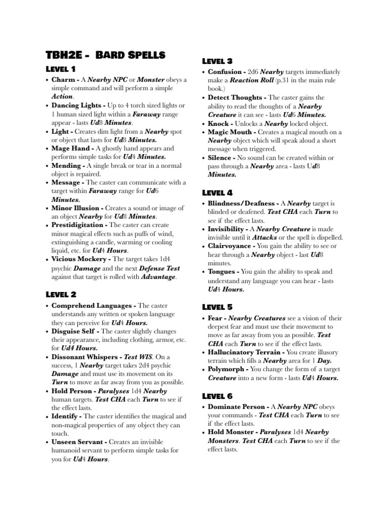 TBH2E - Bard Spells: Level 1 Level 3 | PDF