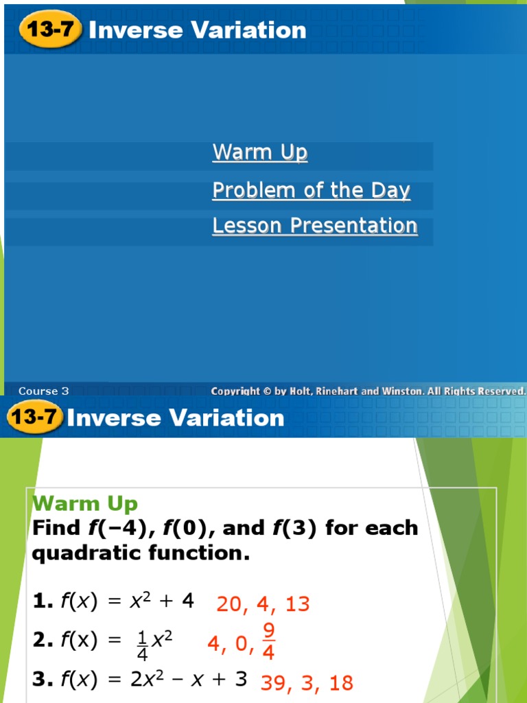 Inverse Variation: Warm Up Problem of The Day Lesson Presentation | PDF ...