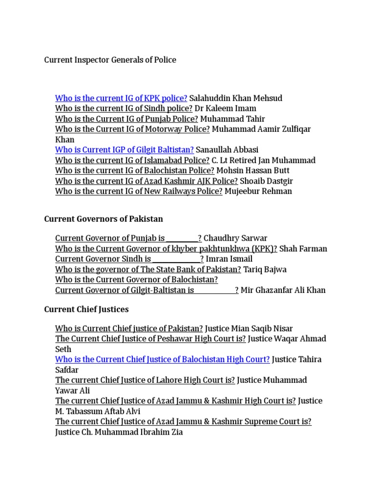 Current Inspector Generals of Police | PDF | Khyber Pakhtunkhwa | Pakistan