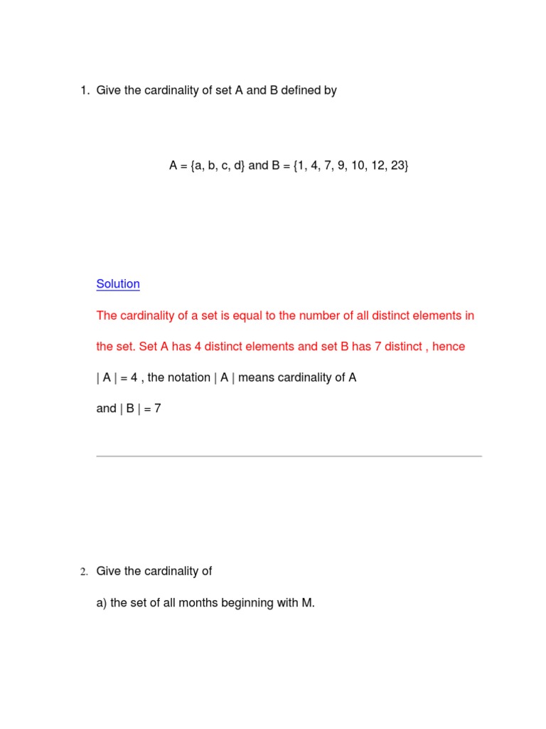 Give The Cardinality of Set A and B Defined By: Solution | PDF ...