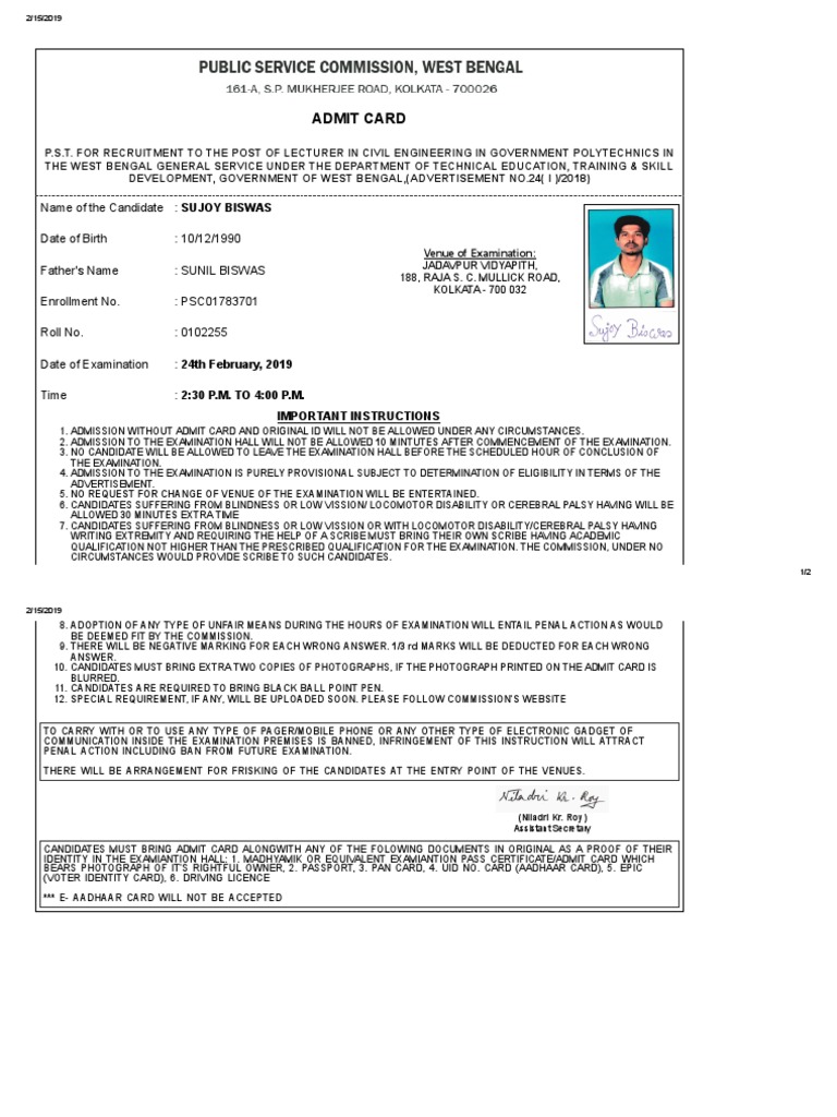 Admit Card: Venue of Examination: Jadavpur Vidyapith, 188, Raja S. C ...