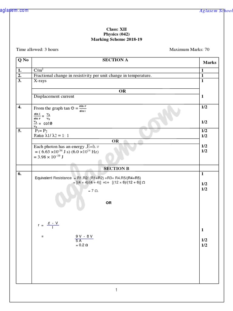 Class: XII Physics (042) Marking Scheme 2018-19: Aglasem School | PDF | Lens (Optics) | Atomic ...