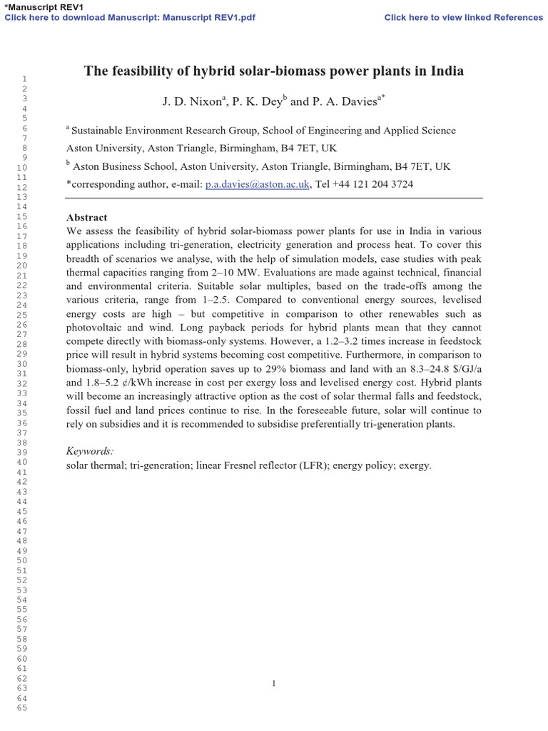 The Feasibility of Hybrid Solar Biomass Power Plants in India | PDF ...