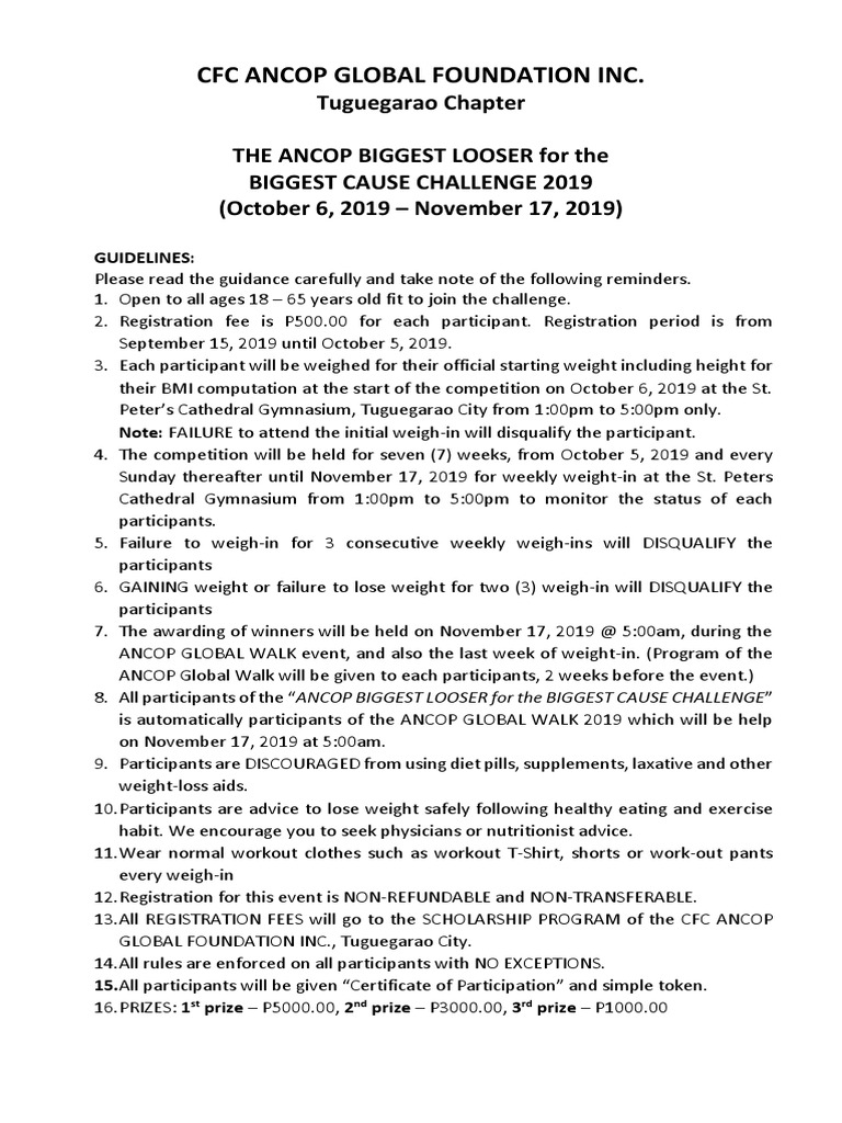 GUIDELINES THE ANCOP BIGGEST LOOSER For The BIGGEST CAUSE CHALLENGE 2019 | PDF ...