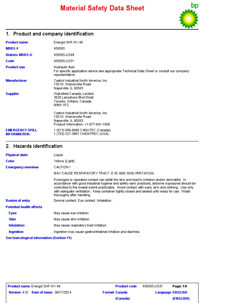 Msds - BP Energol SHF-HV 46 | PDF | Waste | Waste Management