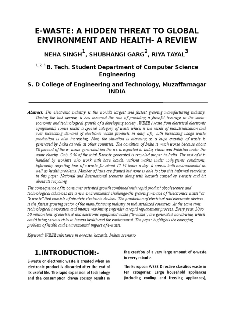 E-Waste: A Hidden Threat To Global Environment and Health-A Review ...