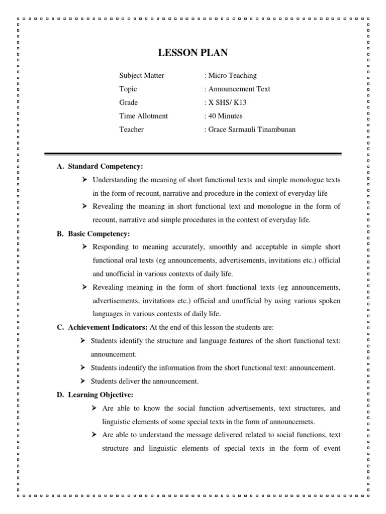 Lesson Plan Micro Teaching Junior | PDF | Dialogue | Lesson Plan