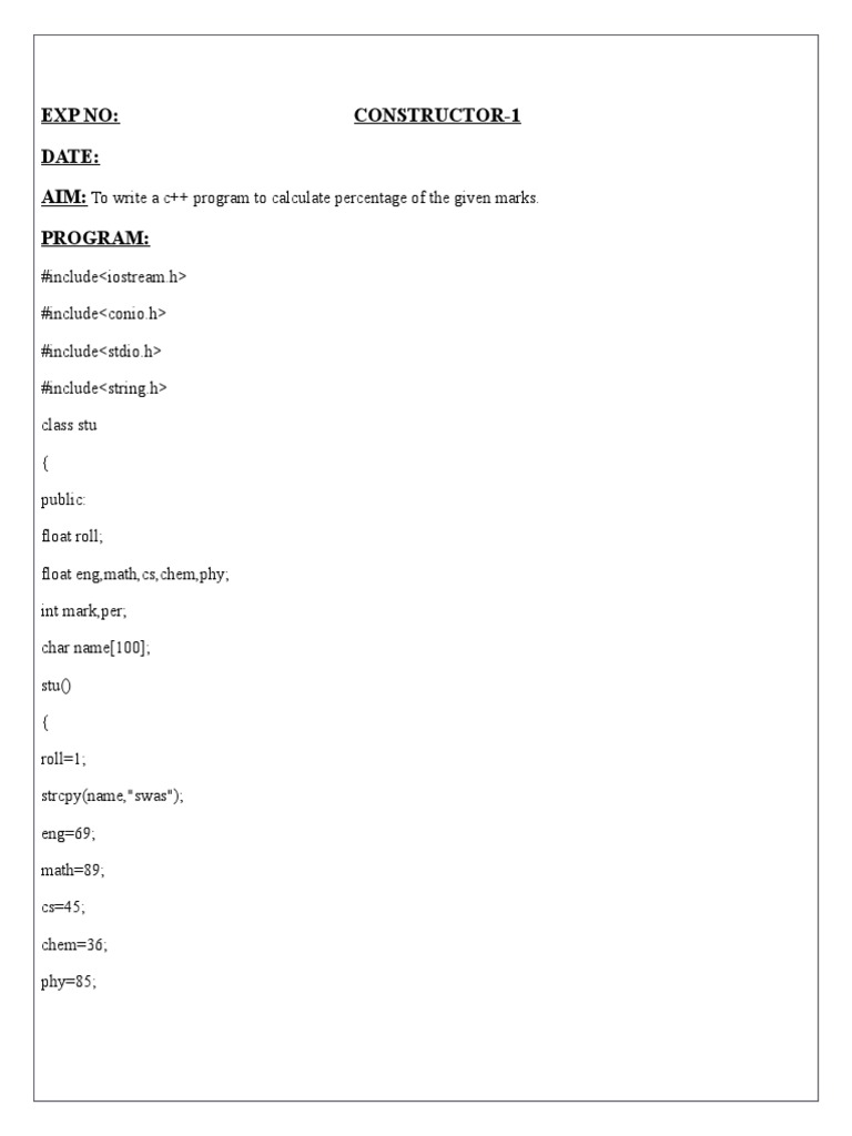 Exp No: Constructor-1 Date: Aim: Program | PDF