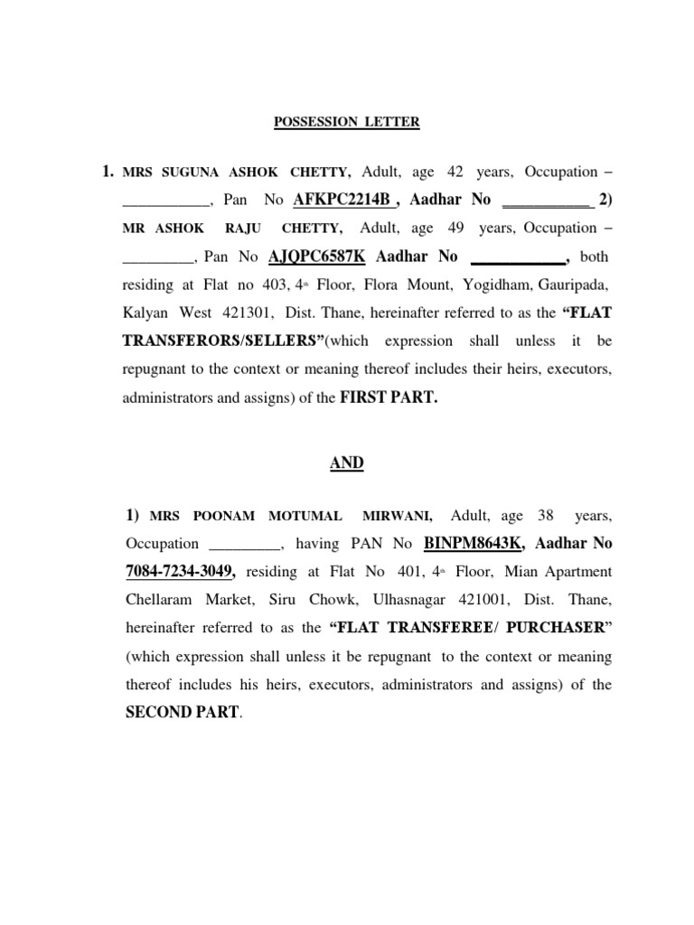 Possession Letter REGENCY PARADISE KIRAN AND VAIBHAV 18 JAN | PDF ...