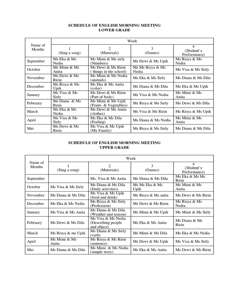 Schedule of English Morning Meeting Lower Grade | PDF