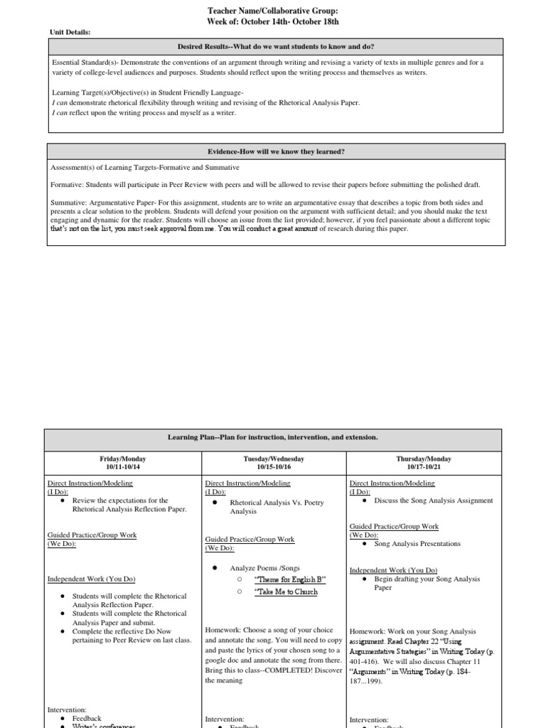 10 14-10 18 Composition I Lesson Plan Secondary Template | PDF ...