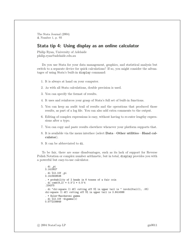 Stata Tip 4: Using Display As An Online Calculator: The Stata Journal ... Stata Tip 4: Using Display As An Online Calculator: The Stata Journal ...