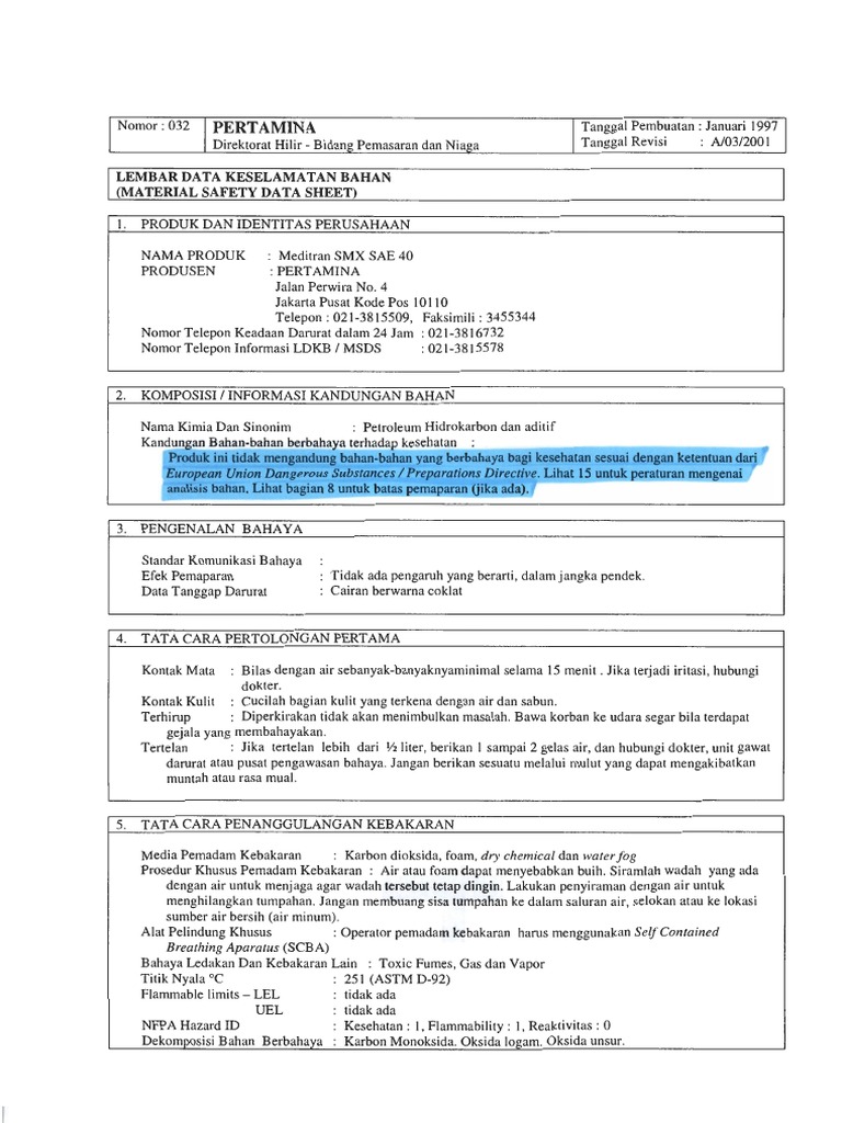 MSDS Pertamina Meditran SMX 40 For TRAVIRA | PDF