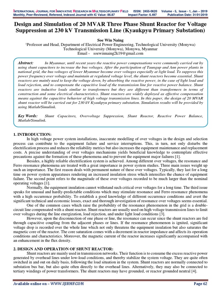 Design and Simulation of 20 MVAR Three Phase Shunt Reactor For Voltage ...