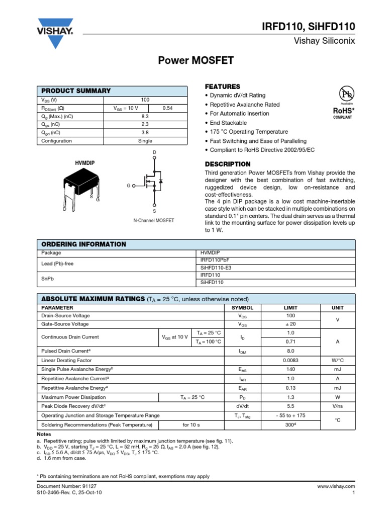 Datasheet Nmos IRFd110 | PDF | Field Effect Transistor | Mosfet