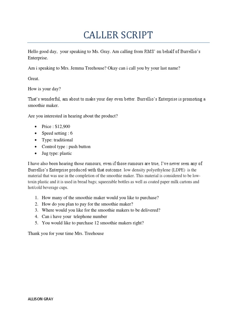 Caller Script: Low Density Polyethylene | PDF