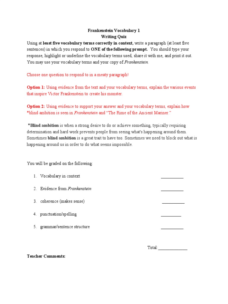Frankenstein Vocabulary Writing Quiz | PDF