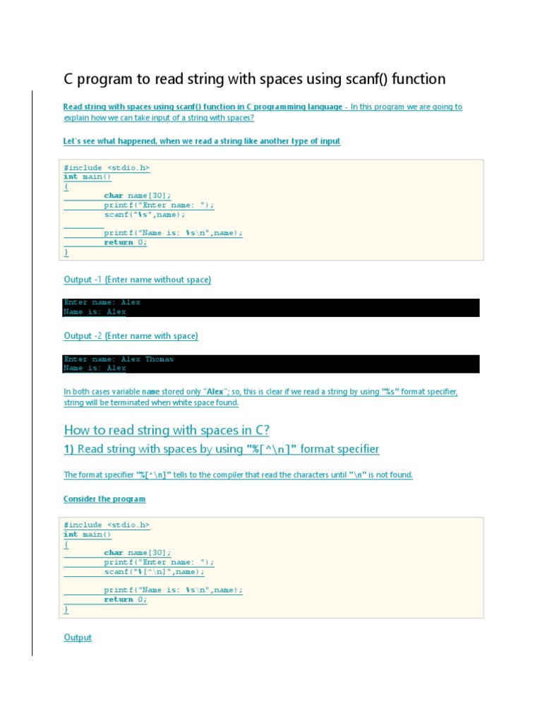 C Program To Read String With Spaces Using Scanf Function Pdf C Programming Language 0623