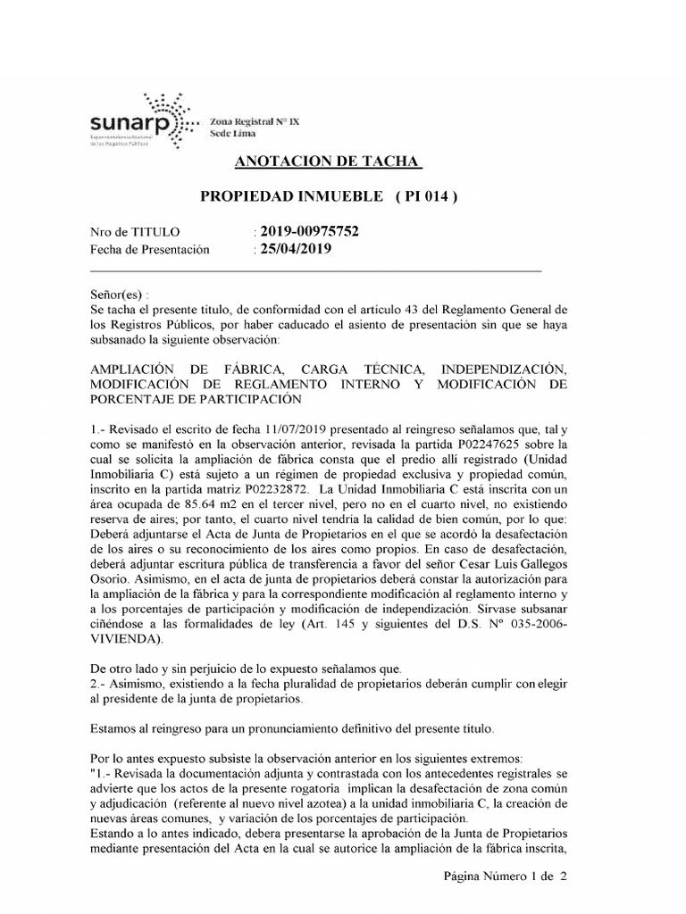 Esquela de Notificacion de Tacha - Sunarp PDF | PDF