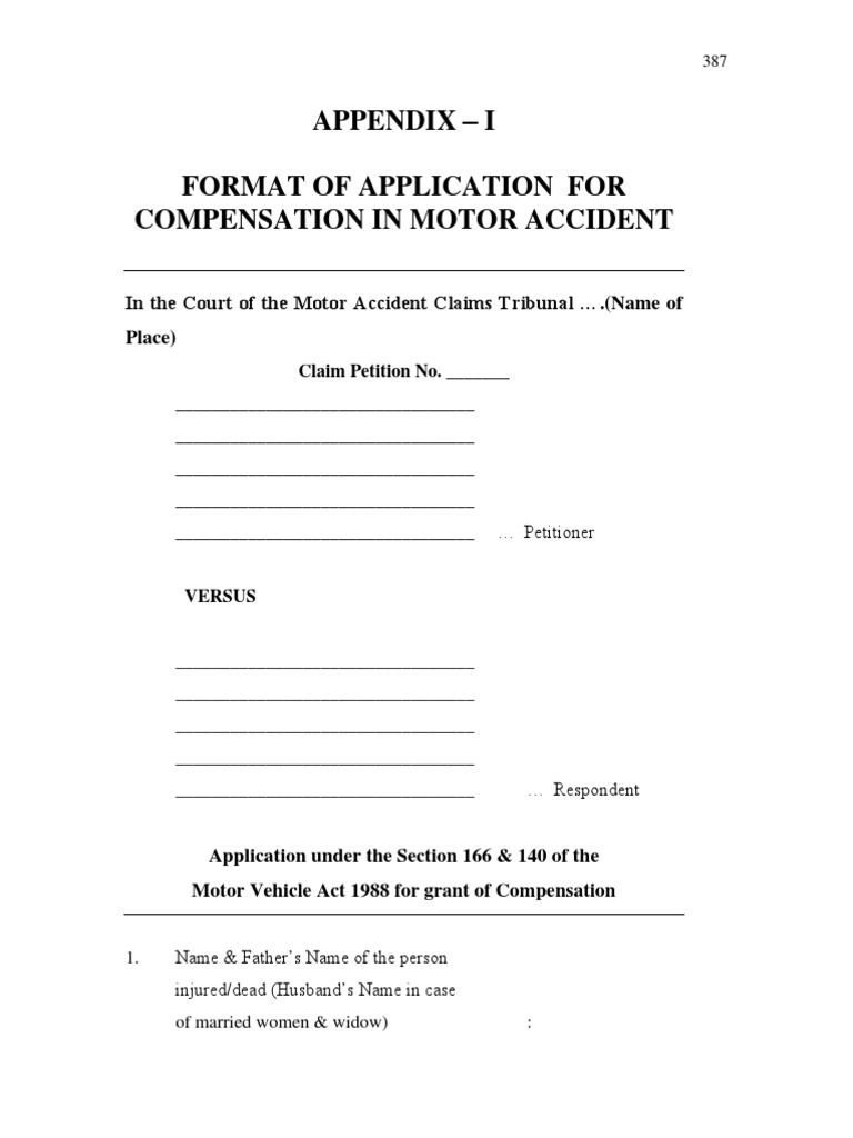 Appendix - I Format of Application For Compensation in Motor Accident ...