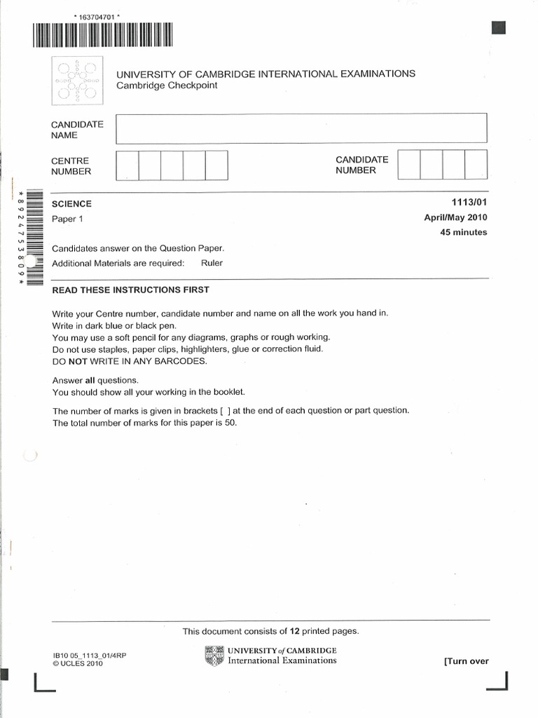 Cambridge Secondary Checkpoint - Science (1113) April 2010 Paper 1.pdf