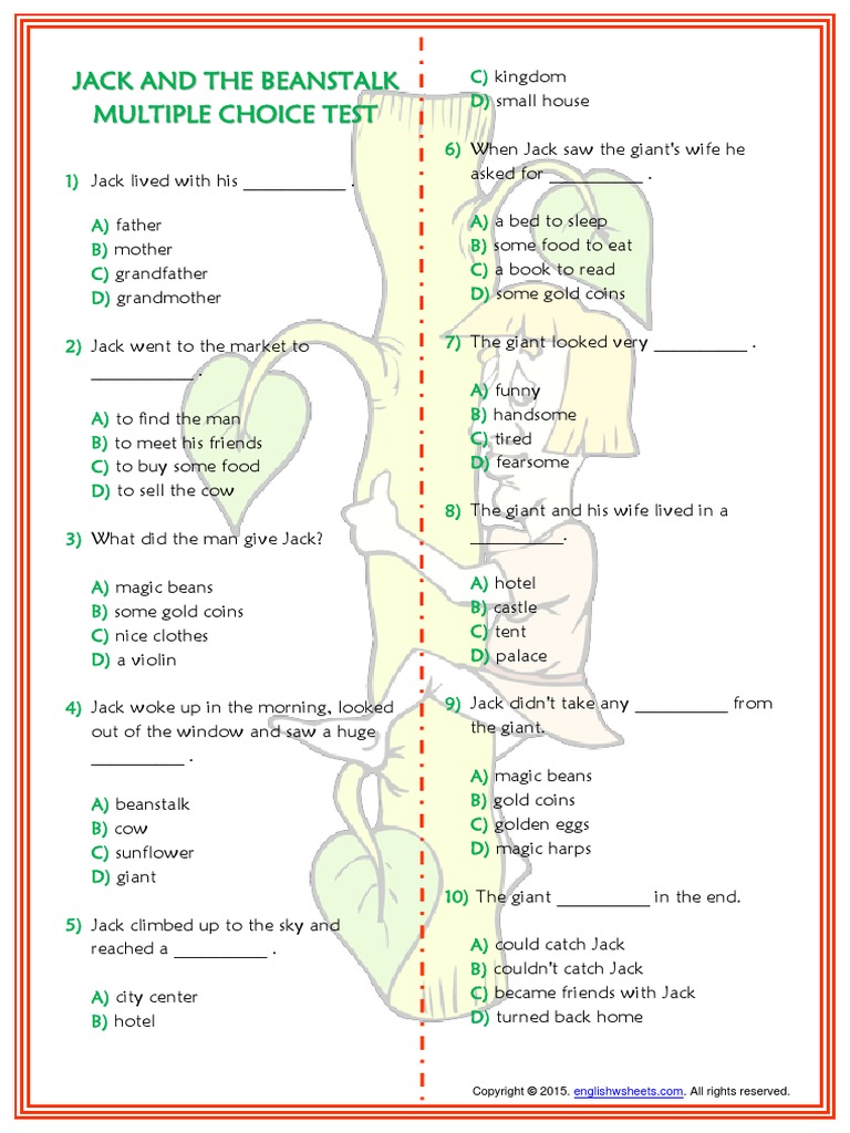 Jack and The Beanstalk Fairy Tale Esl Multiple Choice Comprehension ...
