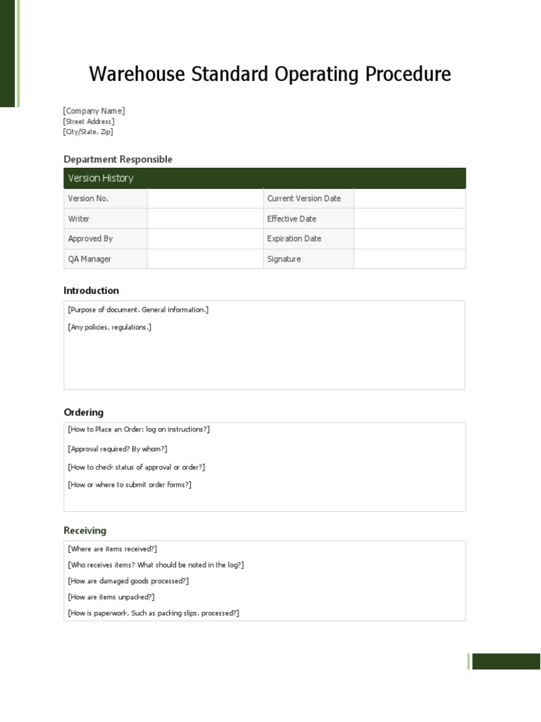 Warehouse SOP Template Overview | PDF