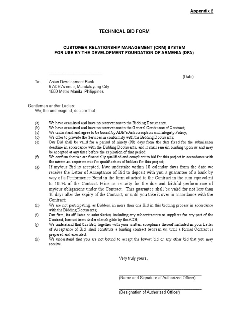 Technical Bid Form: Appendix 2 | PDF | Guarantee | Asian Development Bank