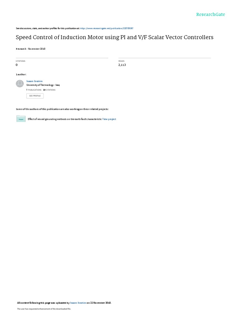 Speed Control of Induction Motor Using PI and V/F Scalar Vector Controllers | PDF | Electric ...
