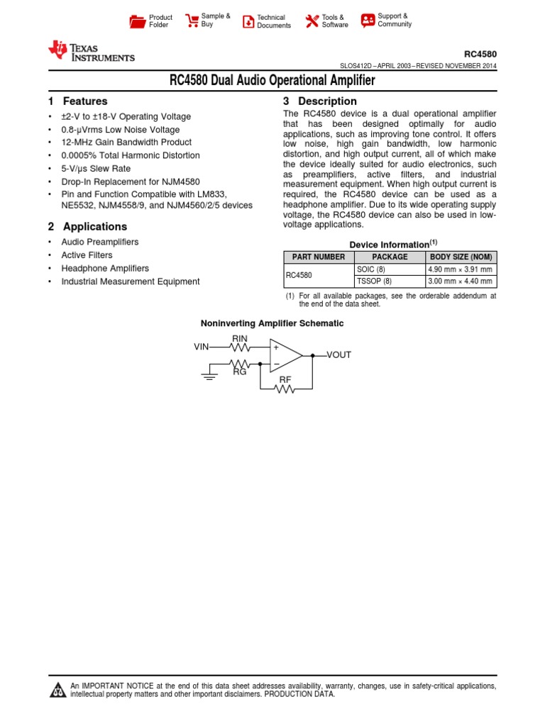 RC4580 Dual Audio Operational Amplifier: 1 Features 3 Description | PDF ...