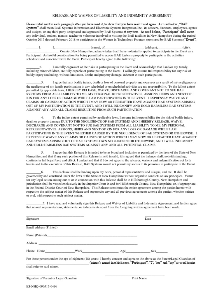 Release and Waiver of Liability and Indemnity Agreement | PDF ...