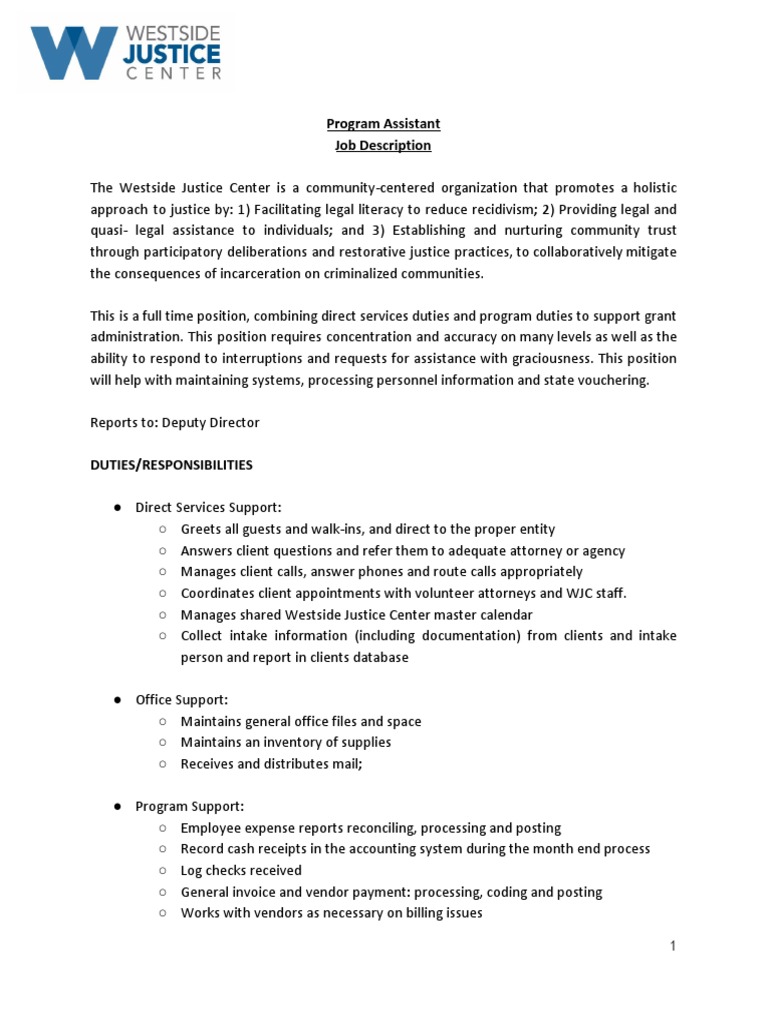 Program Assistant Job Description | Invoice | Employment Program Assistant Job Description | Invoice | Employment