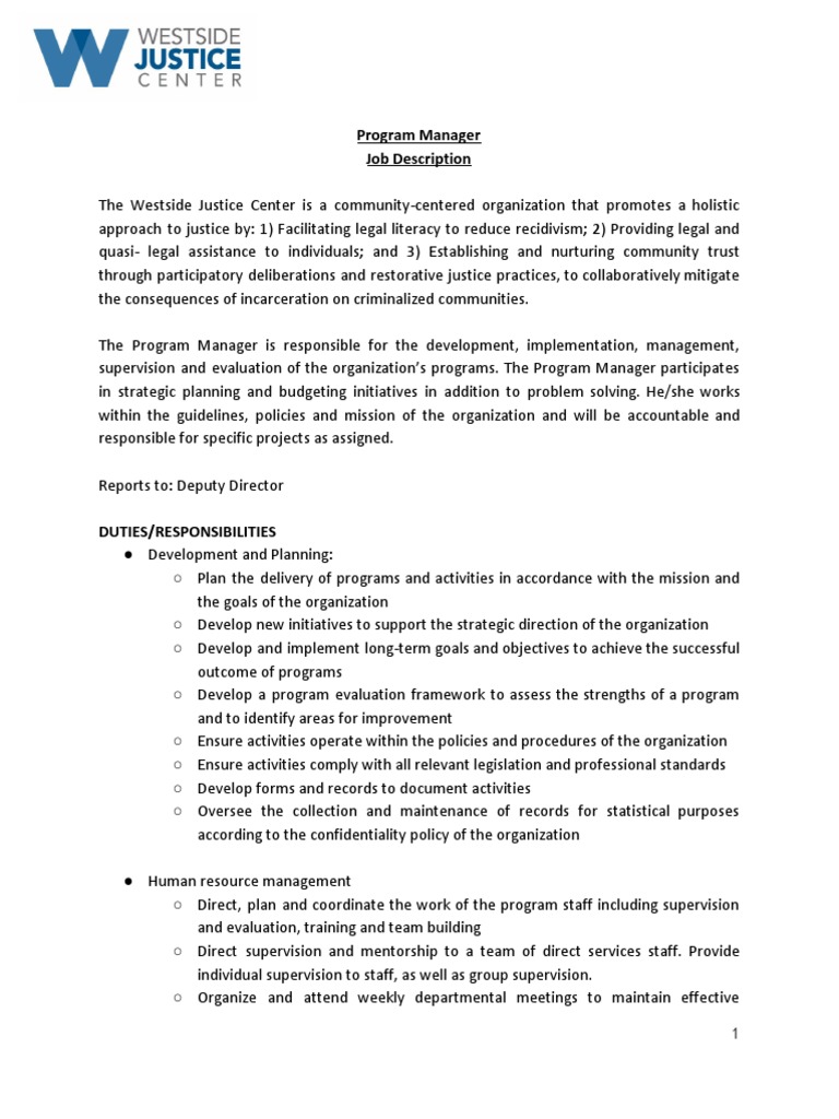 Program Manager Job Description | PDF | Program Evaluation | Evaluation