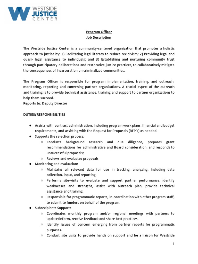 Program Officer Job Description | Grant (Money) | Nonprofit Organization
