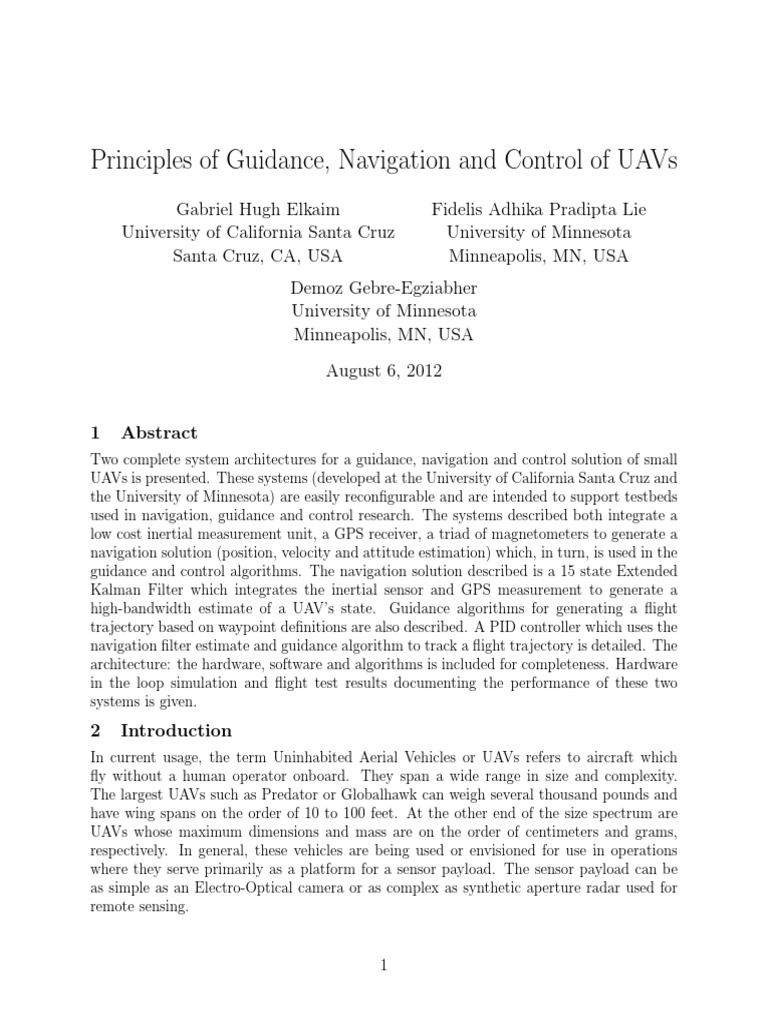 Principles of Guidance, Navigation and Control of Uavs | PDF | Inertial ...