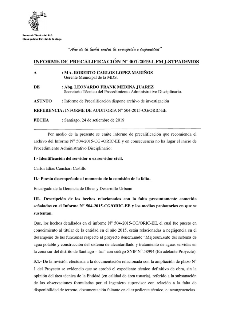 Informe De Precalificacion Carlos Elias Canchari Castillo Exp 001
